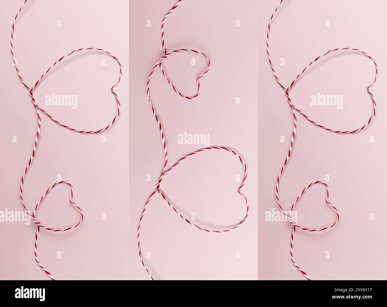 Valentine card. Heart shapes from red white string or rope. Pink ...