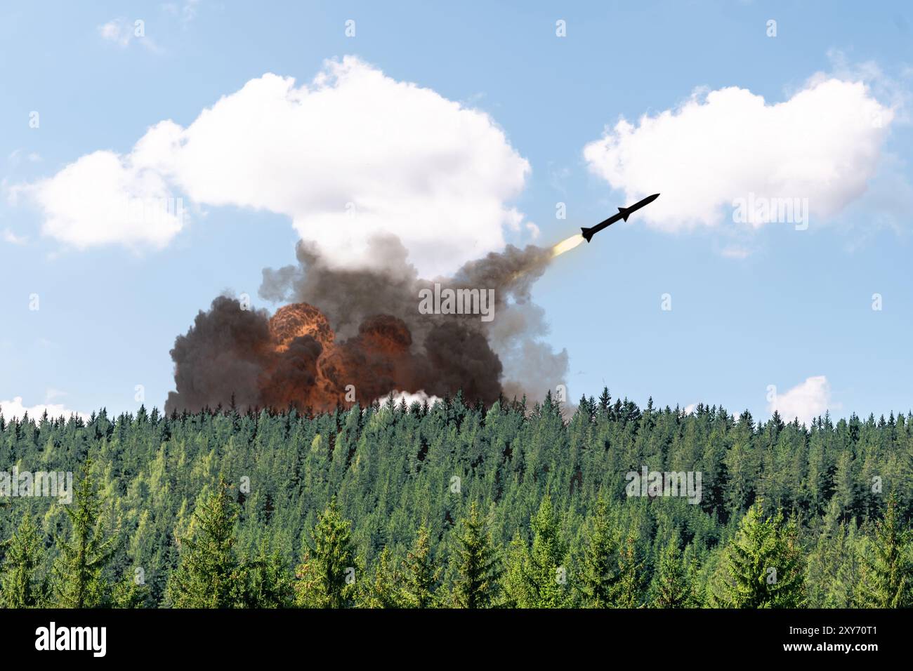 Launch of anti-aircraft missile on the background of the forest, a ...