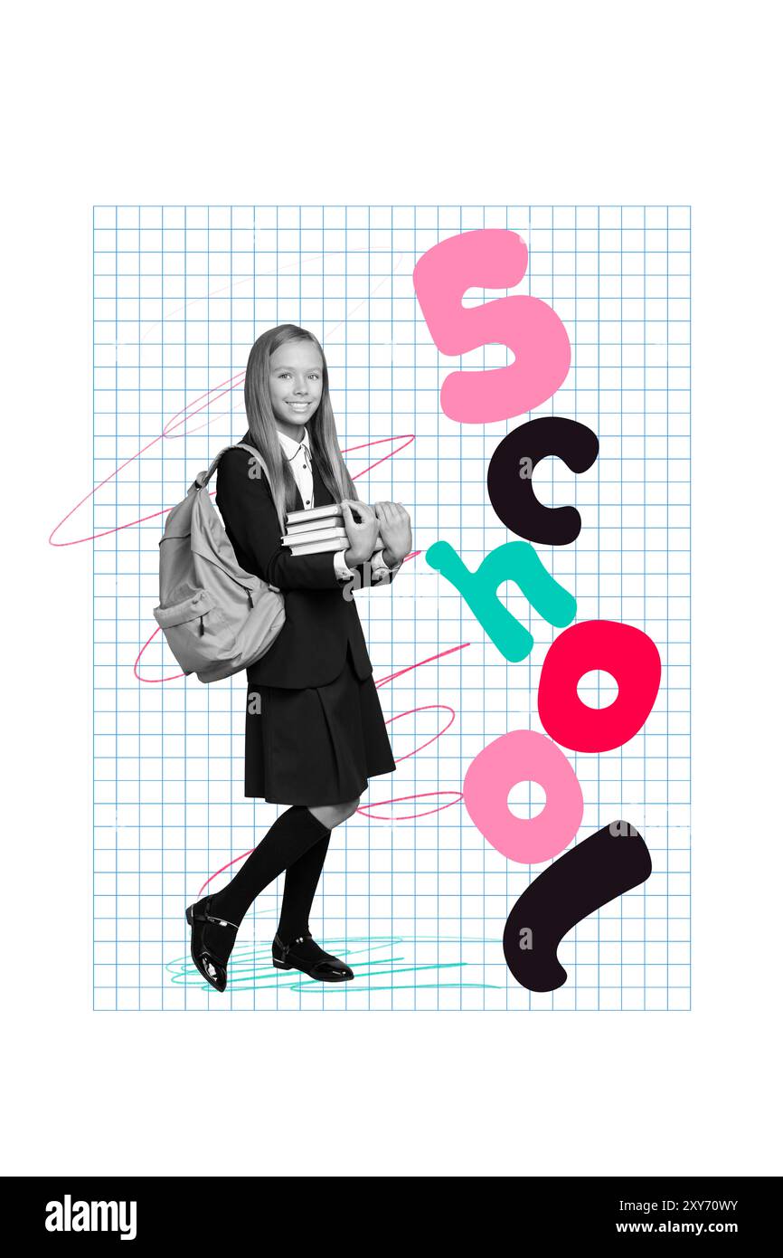 Vertical photo collage of happy teenage girl carry book stack school ...