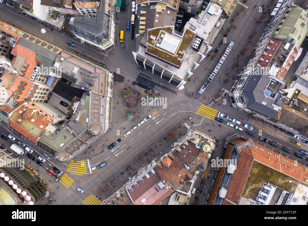 Zurich, Switzerland: Aerial top down view of a tramway along the ...