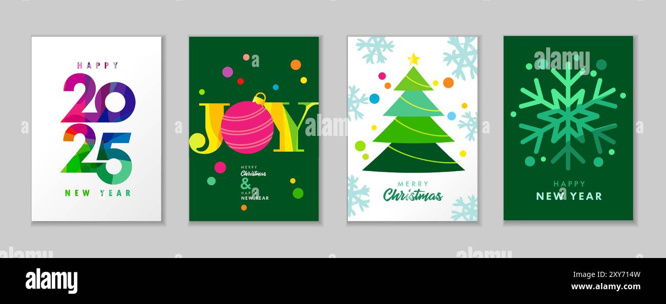Colored greeting cards set for Merry Christmas and Happy New Year 2025 ...