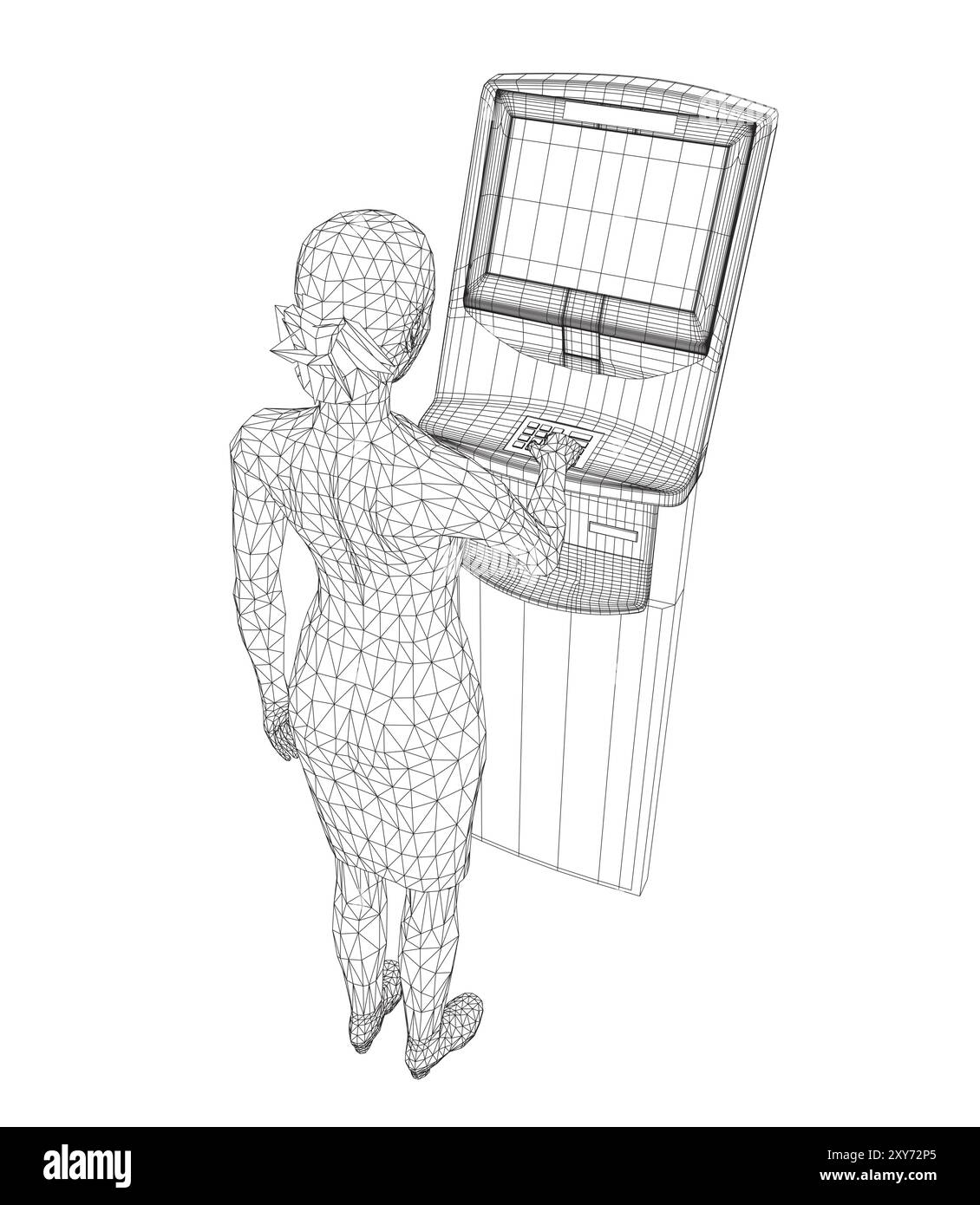 Wireframe Woman withdraws money from an ATM. Young woman uses terminal ...