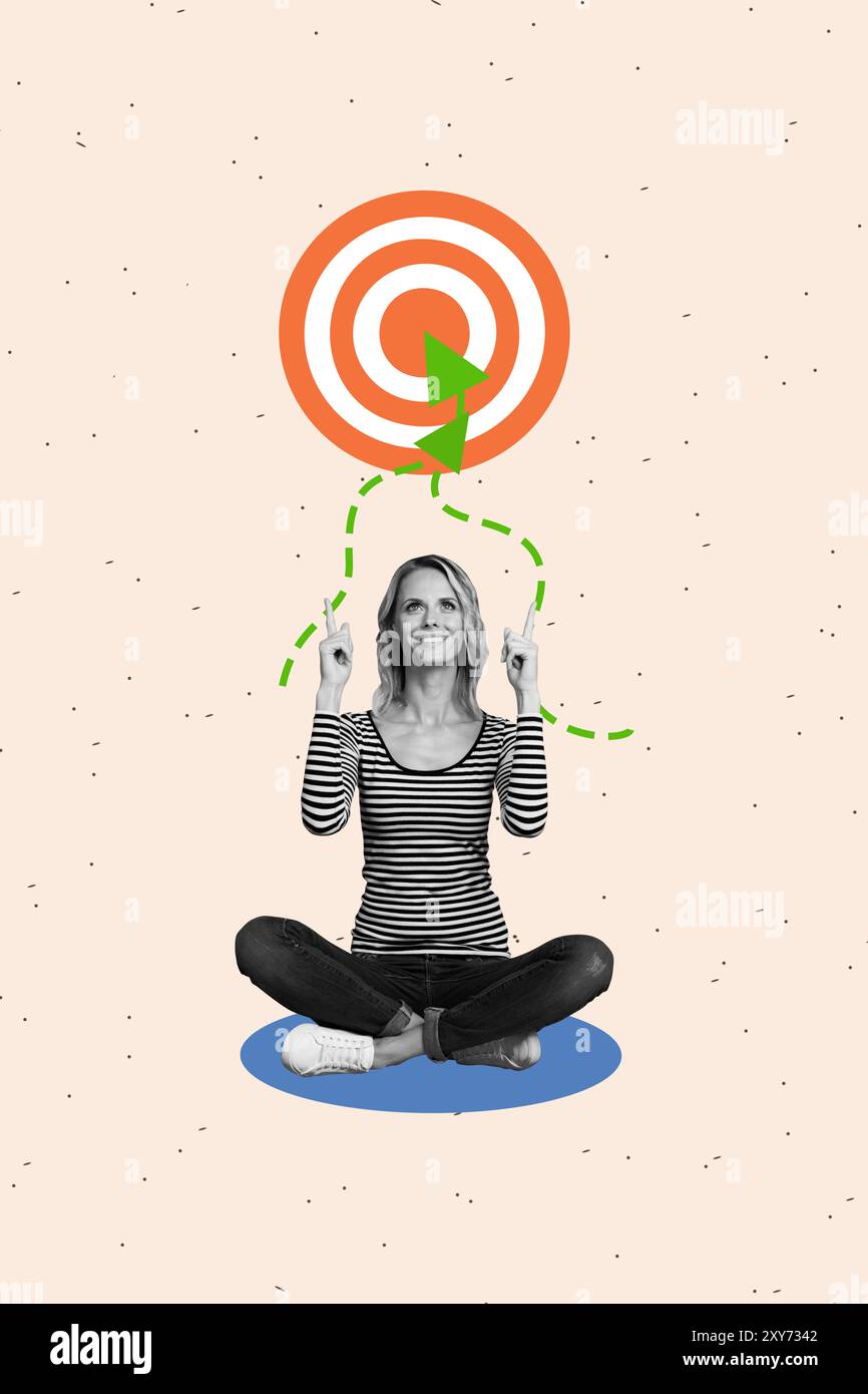 Vertical poster collage young woman showing up gesture finger pointing ...