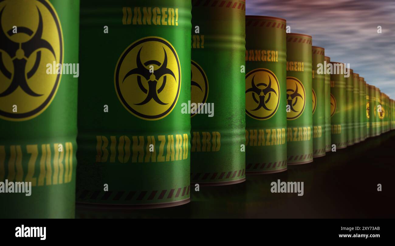 Biohazard and biological waste barrels in row concept. Medical toxic ...