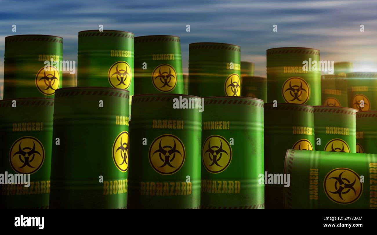 Biohazard and biological waste barrels in row concept. Medical toxic ...