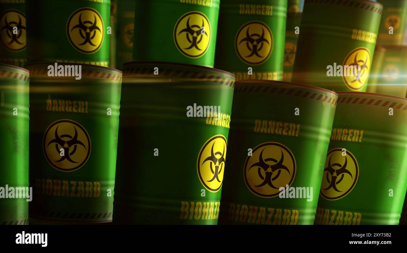 Biohazard and biological waste barrels in row concept. Medical toxic ...