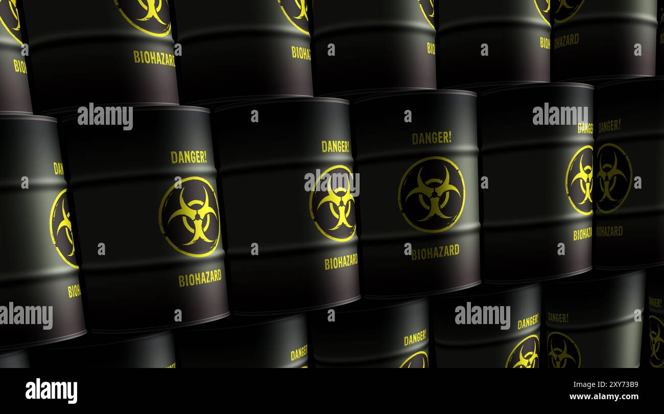 Biohazard and biological waste barrels in row concept. Medical toxic ...