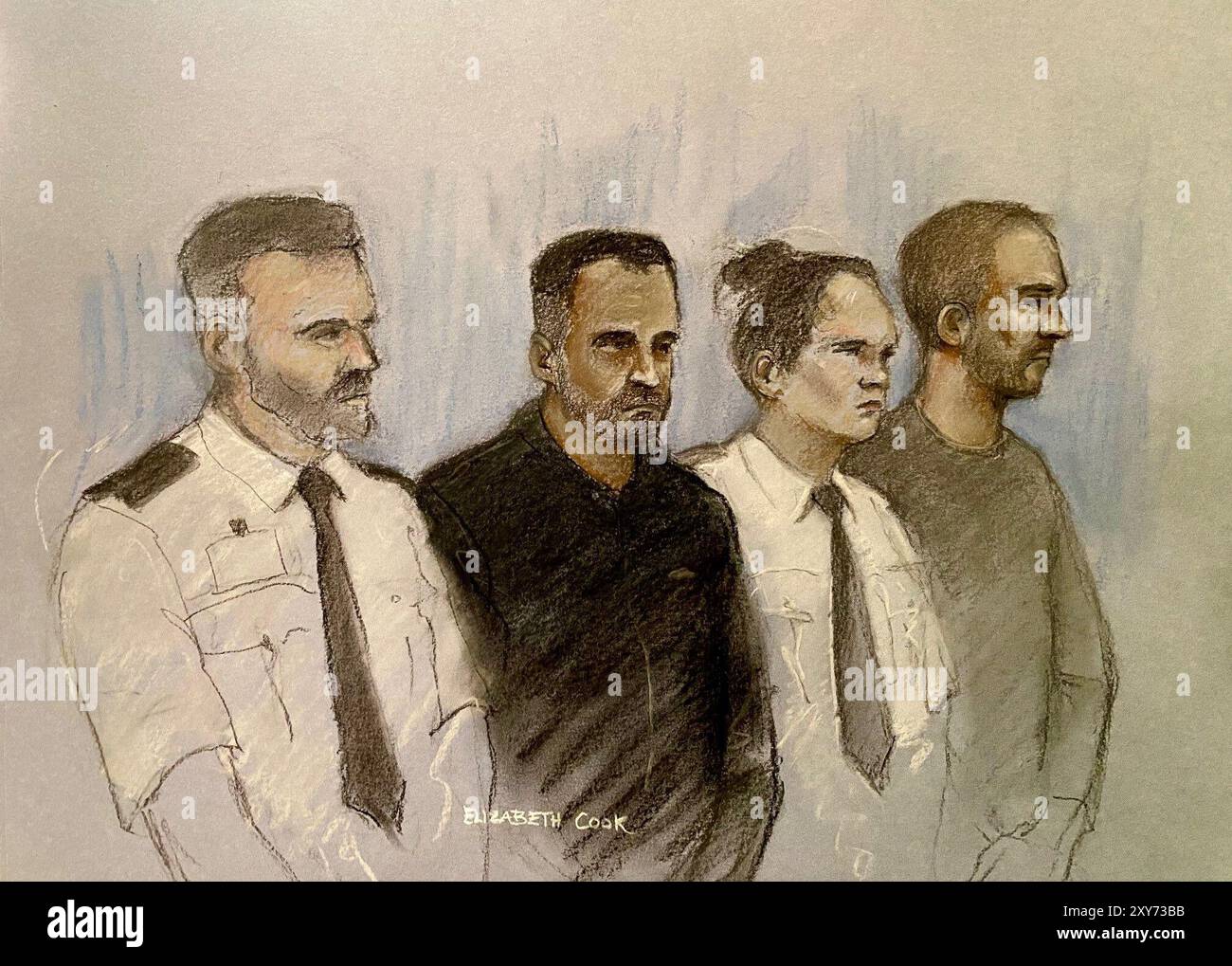 Court artist drawing by Elizabeth Cook of Mohammed Shabir (second left ...