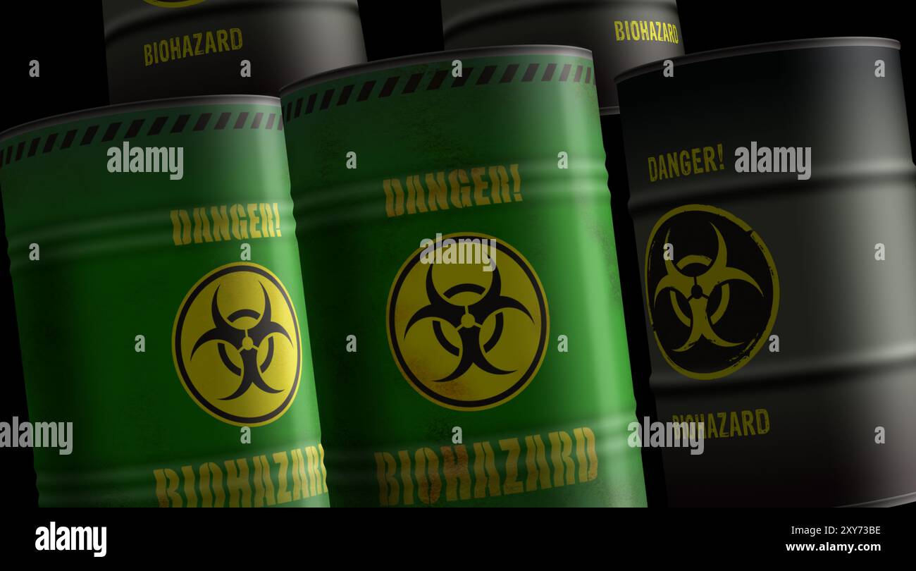 Biohazard and biological waste barrels in row concept. Medical toxic ...