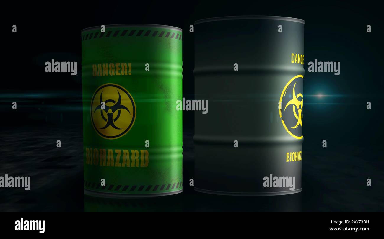 Biohazard and biological waste barrels in row concept. Medical toxic ...