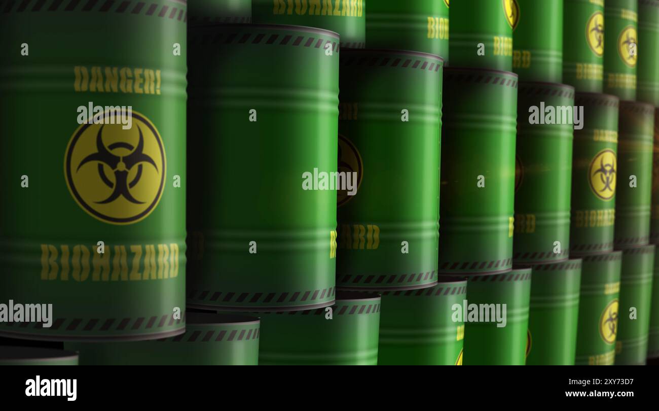 Biohazard and biological waste barrels in row concept. Medical toxic ...