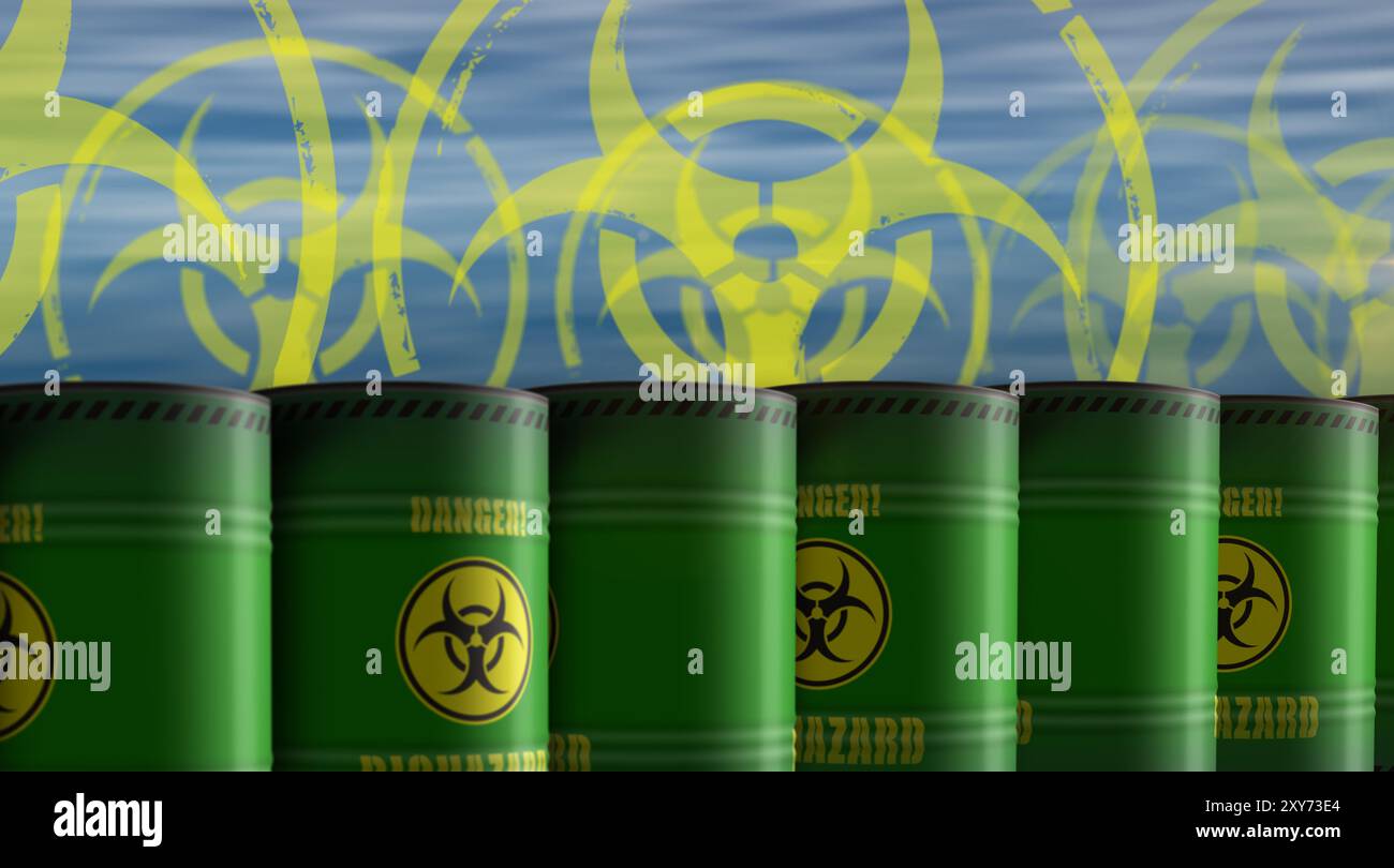 Biohazard and biological waste barrels in row concept. Medical toxic ...