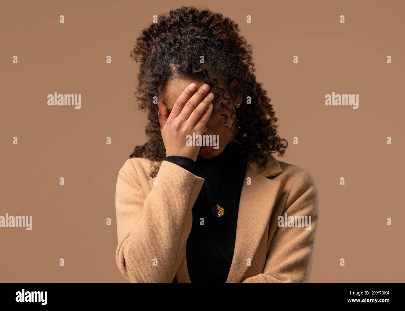 Worried confused woman, no, she forgot. Sad girl feeling sorrow, regret ...