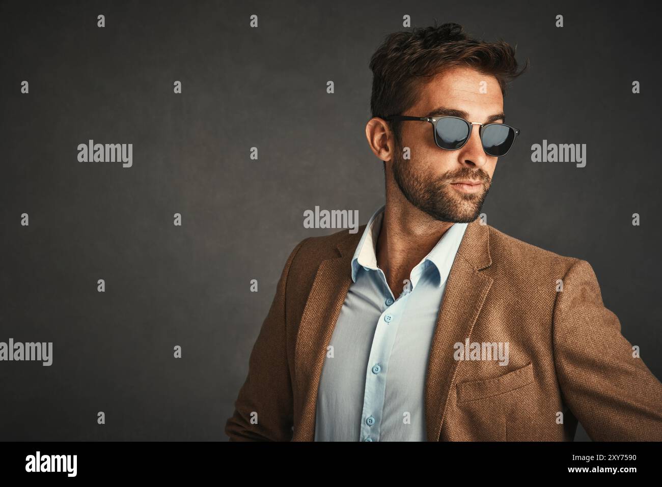 Thinking, man and private detective with sunglasses for confidence ...