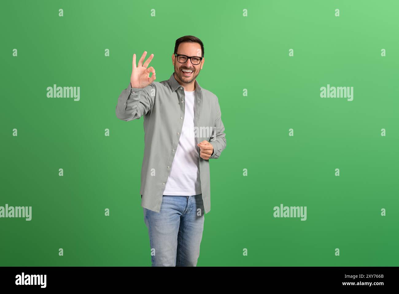 Portrait of satisfied handsome customer smiling and showing OK sign on ...