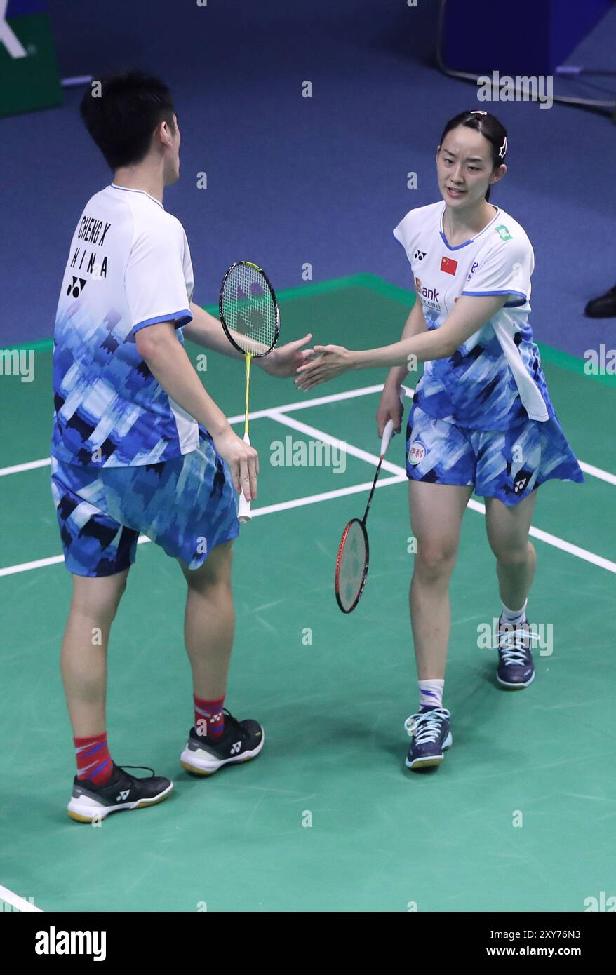 Mokpo, South Korea. 28th Aug, 2024. Cheng Xing (L)/Zhang Chi of China react during the mixed ...