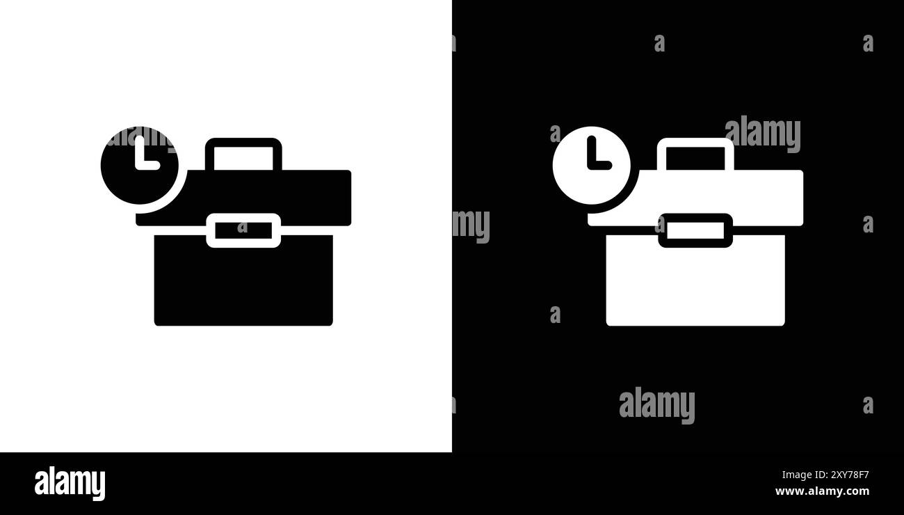 Briefcase with clock icon set in black and white color. simple flat ...