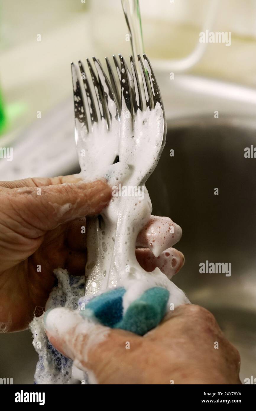 washing forks with soap by hand Stock Photo - Alamy