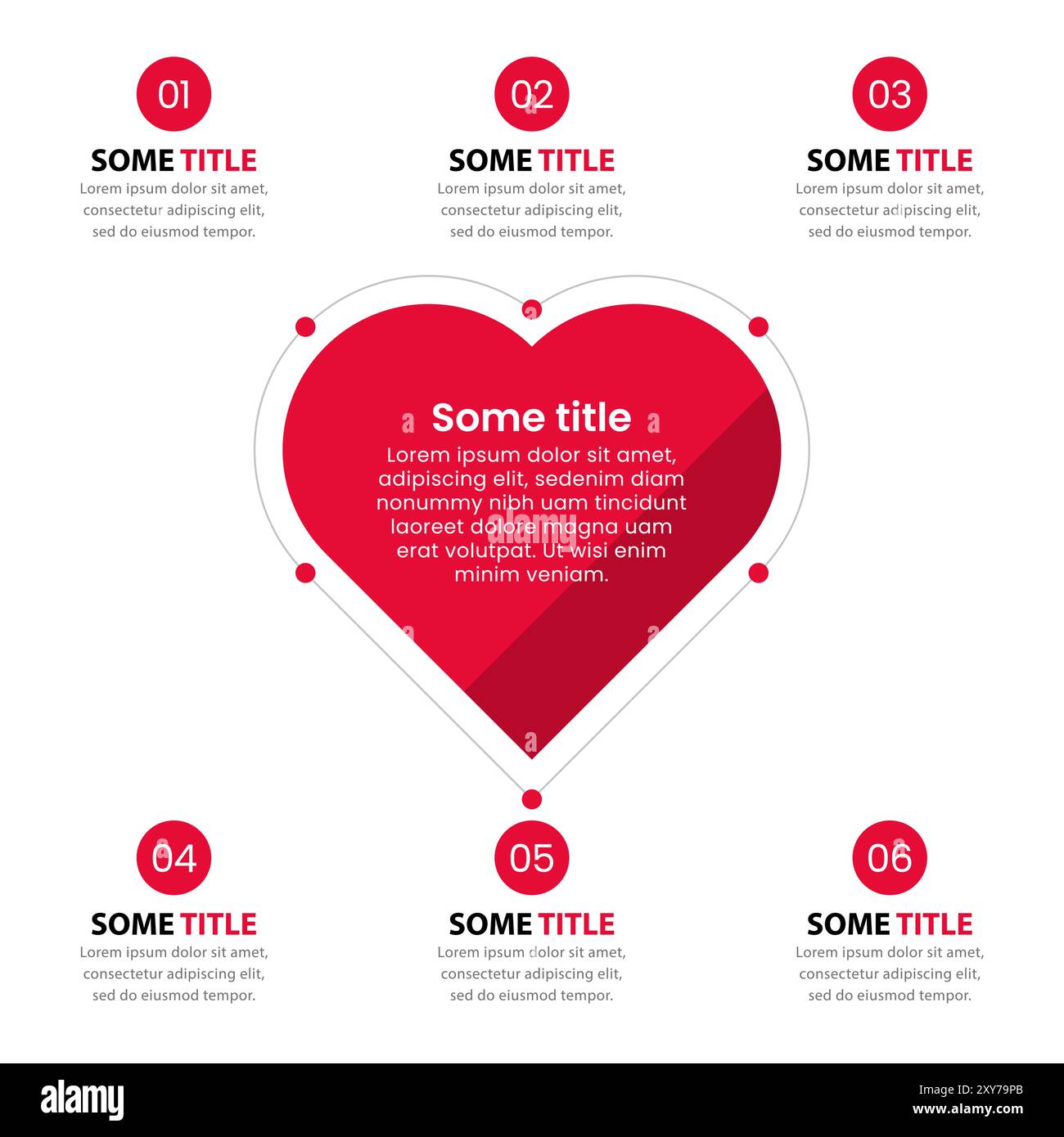 Infographic template with 6 options or steps. Red heart. Can be used ...