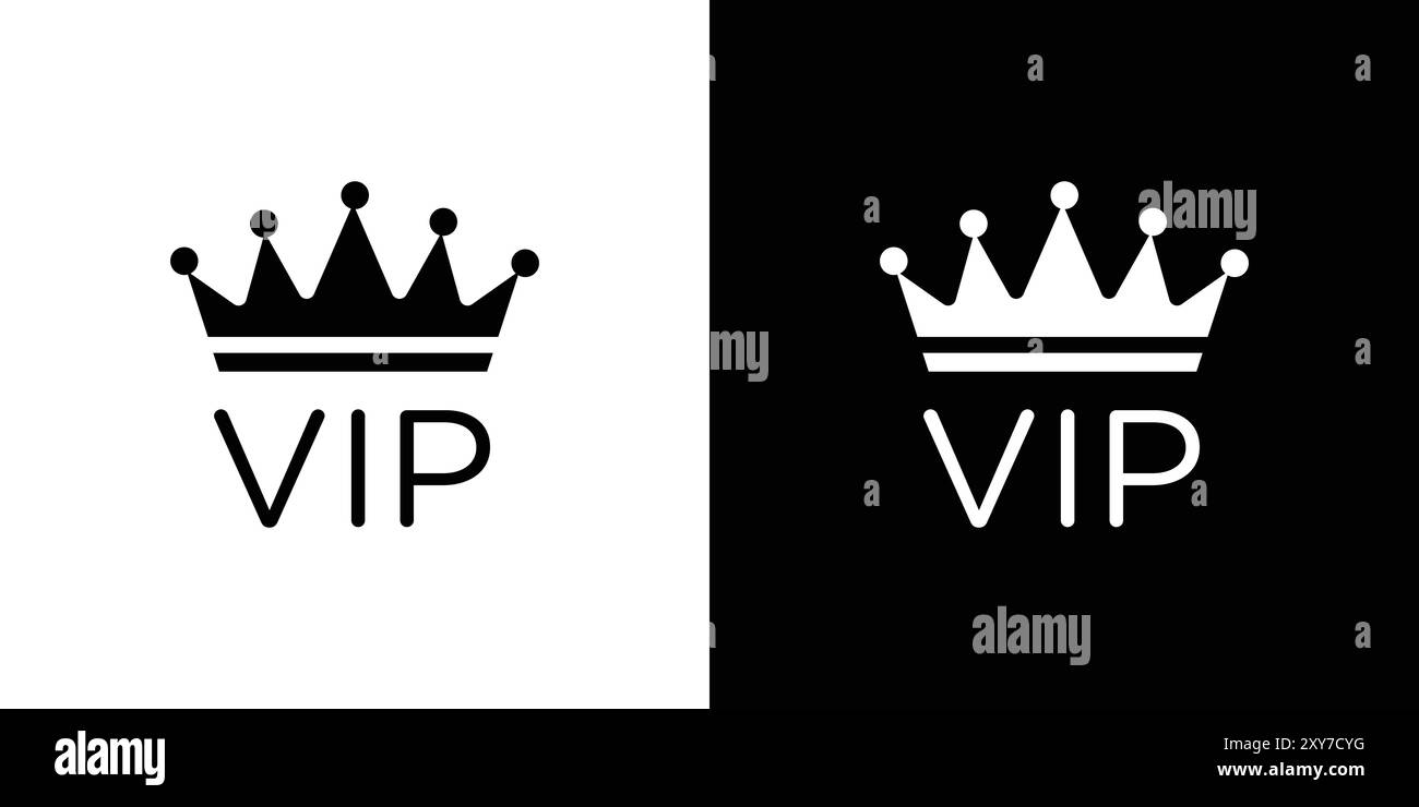Vip text with crown icon set in black and white color. simple flat ...