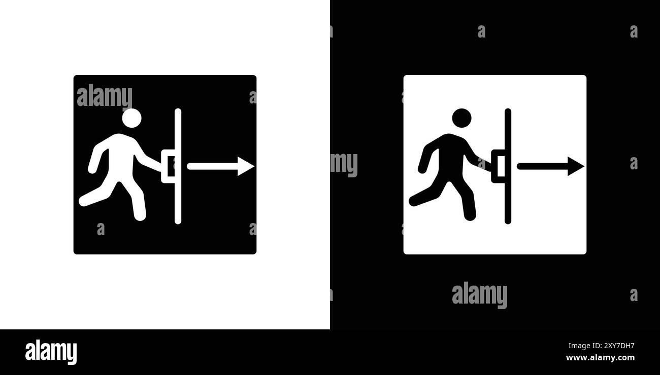 Person push the door icon set in black and white color. simple flat ...
