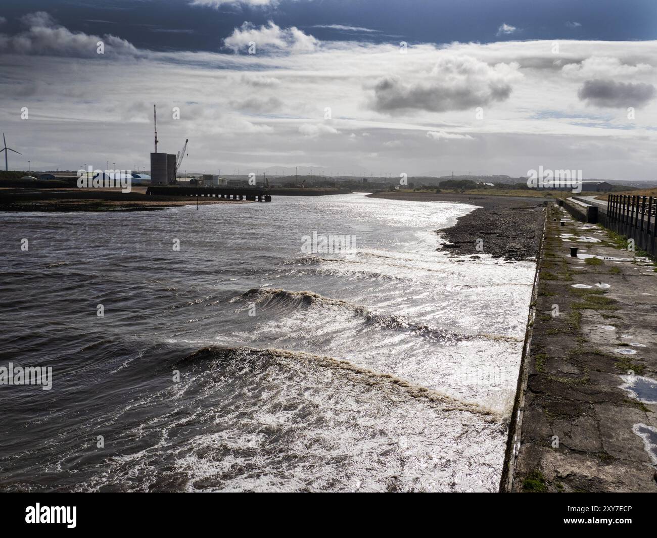 The River Derwent in Workington, Cumbria entering the sea with wind ...