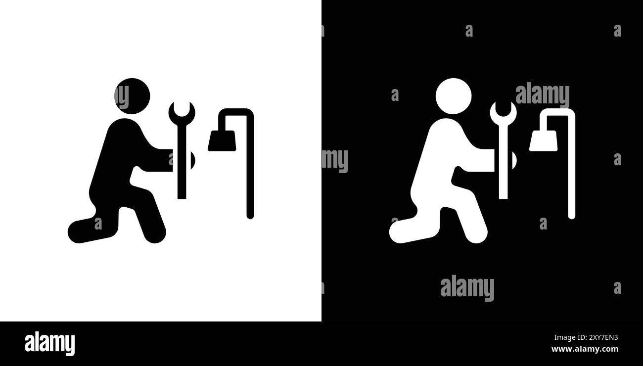 Plumber repairing pipe icon set in black and white color. simple flat ...