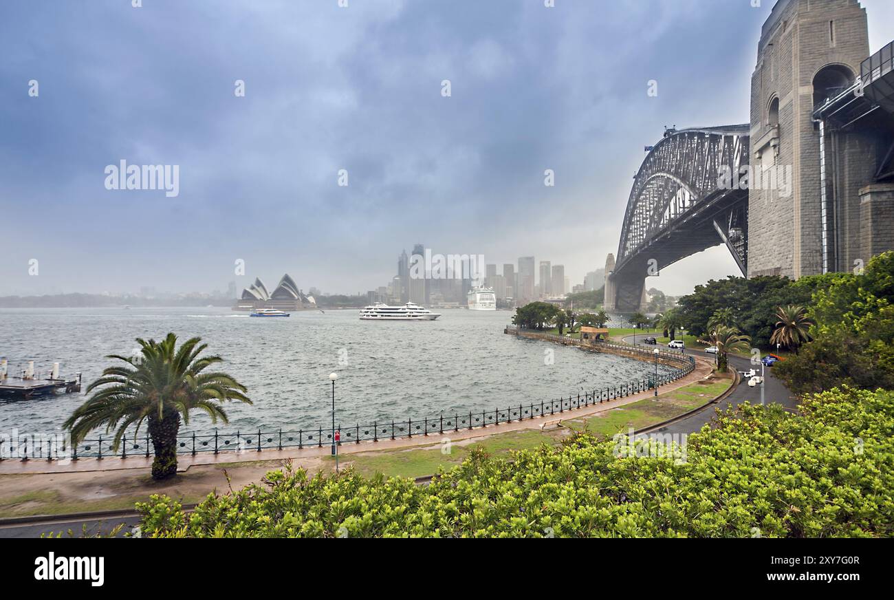 Sydney at rain with Harbor Bridge New South Wales Australia Stock Photo ...