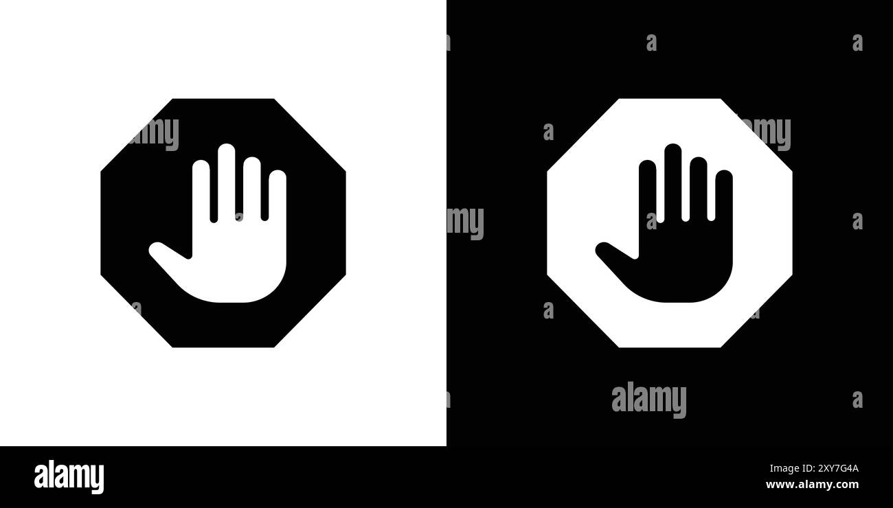 Stop sign with hand icon set in black and white color. simple flat ...