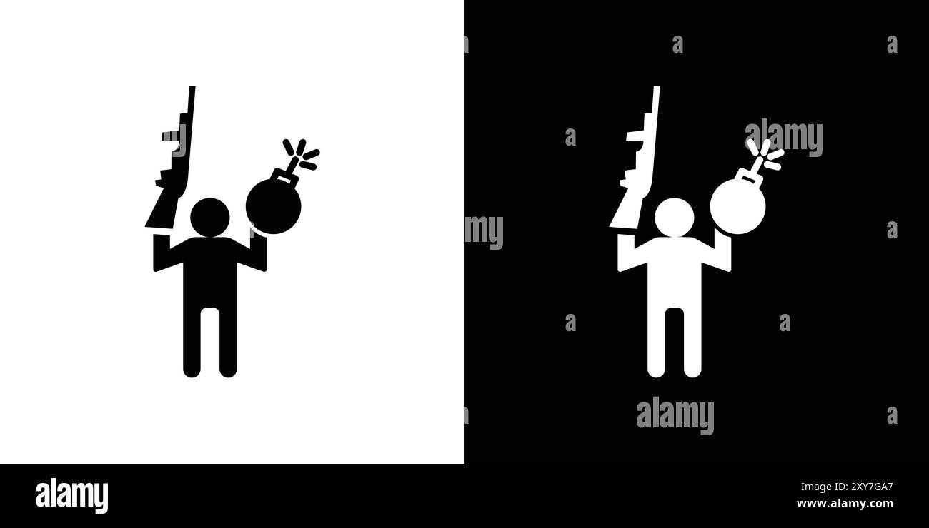 Terrorist with a bomb icon set in black and white color. simple flat ...