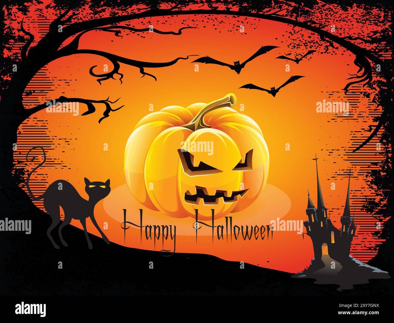 A pumpkin with a scary face is on a poster that says Happy Halloween ...