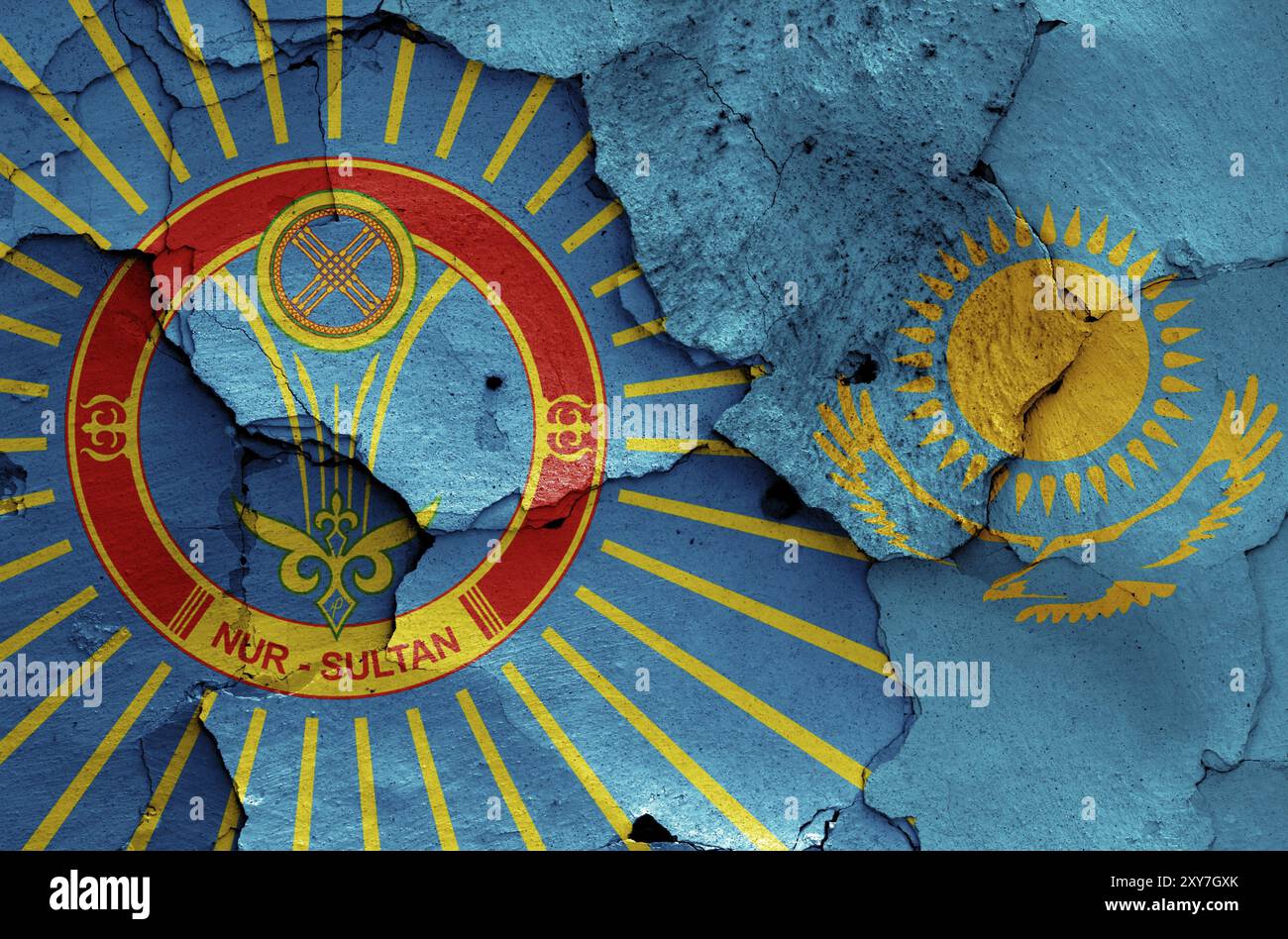 Flags of Nur-Sultan and Kazakhstan painted on cracked wall Stock Photo ...