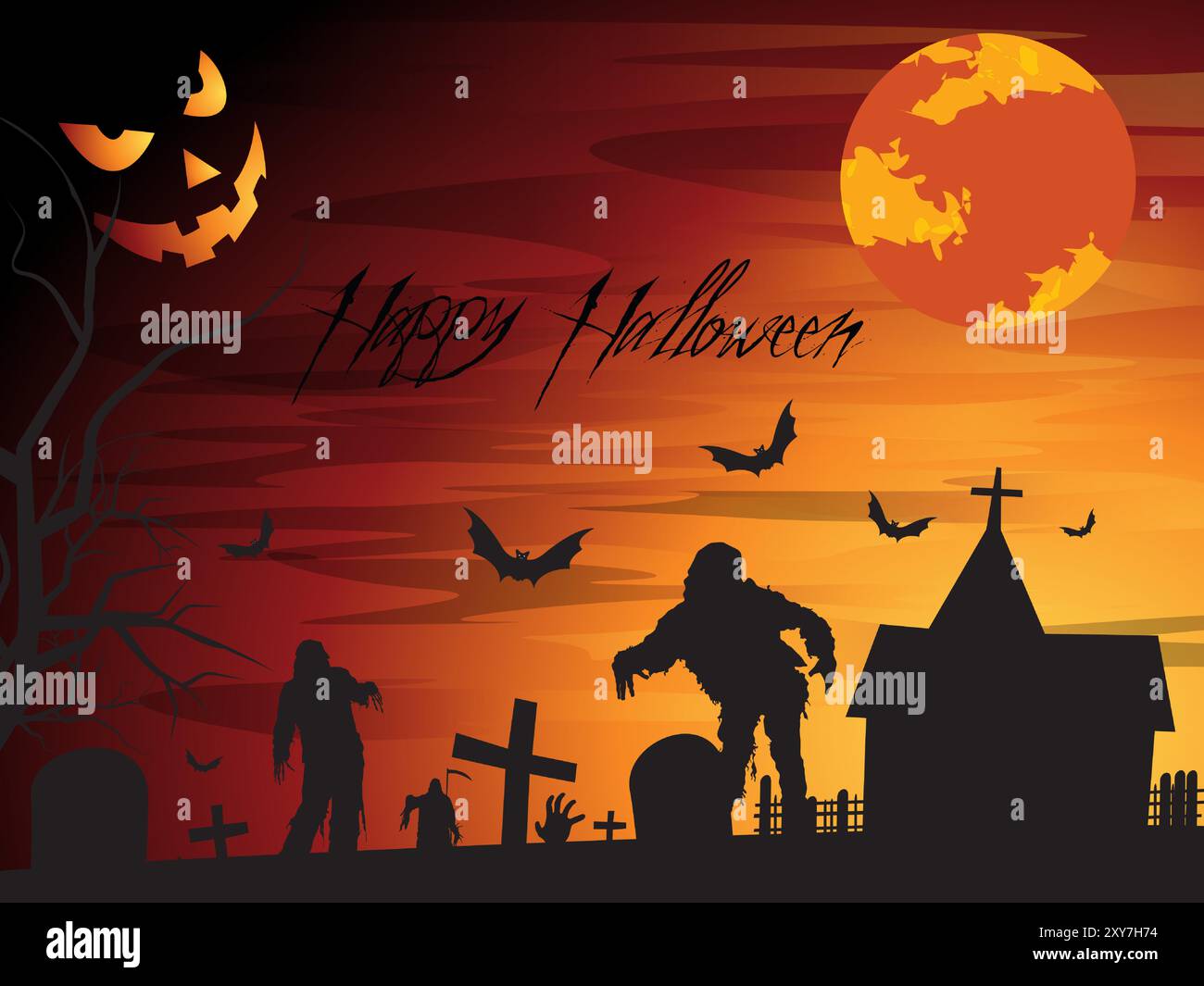 A Halloween themed poster with a graveyard and a church. The poster has ...