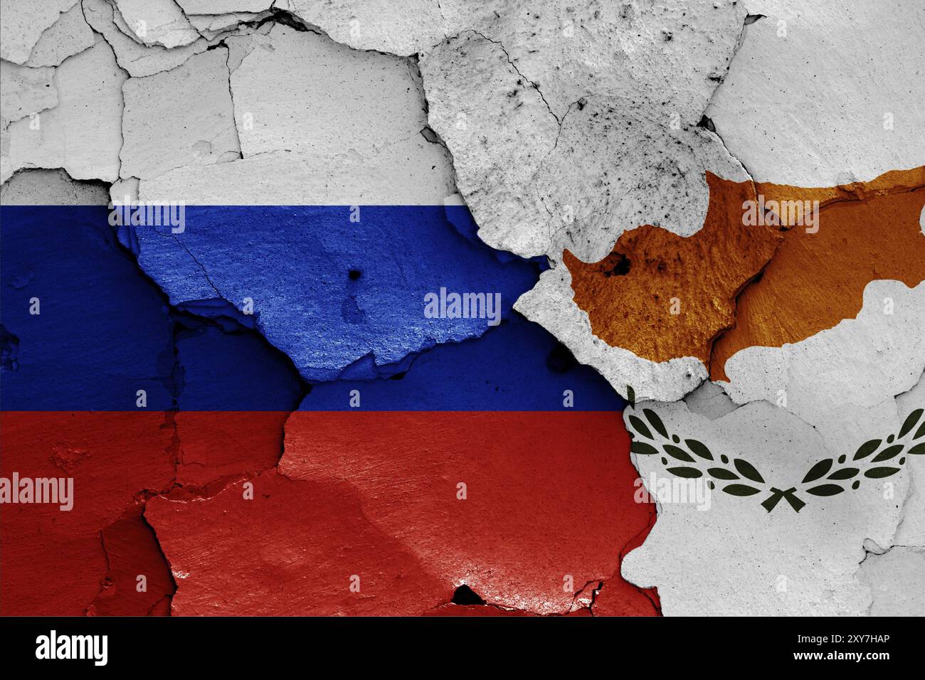 Flags of Russia and Cyprus painted on cracked wall Stock Photo - Alamy