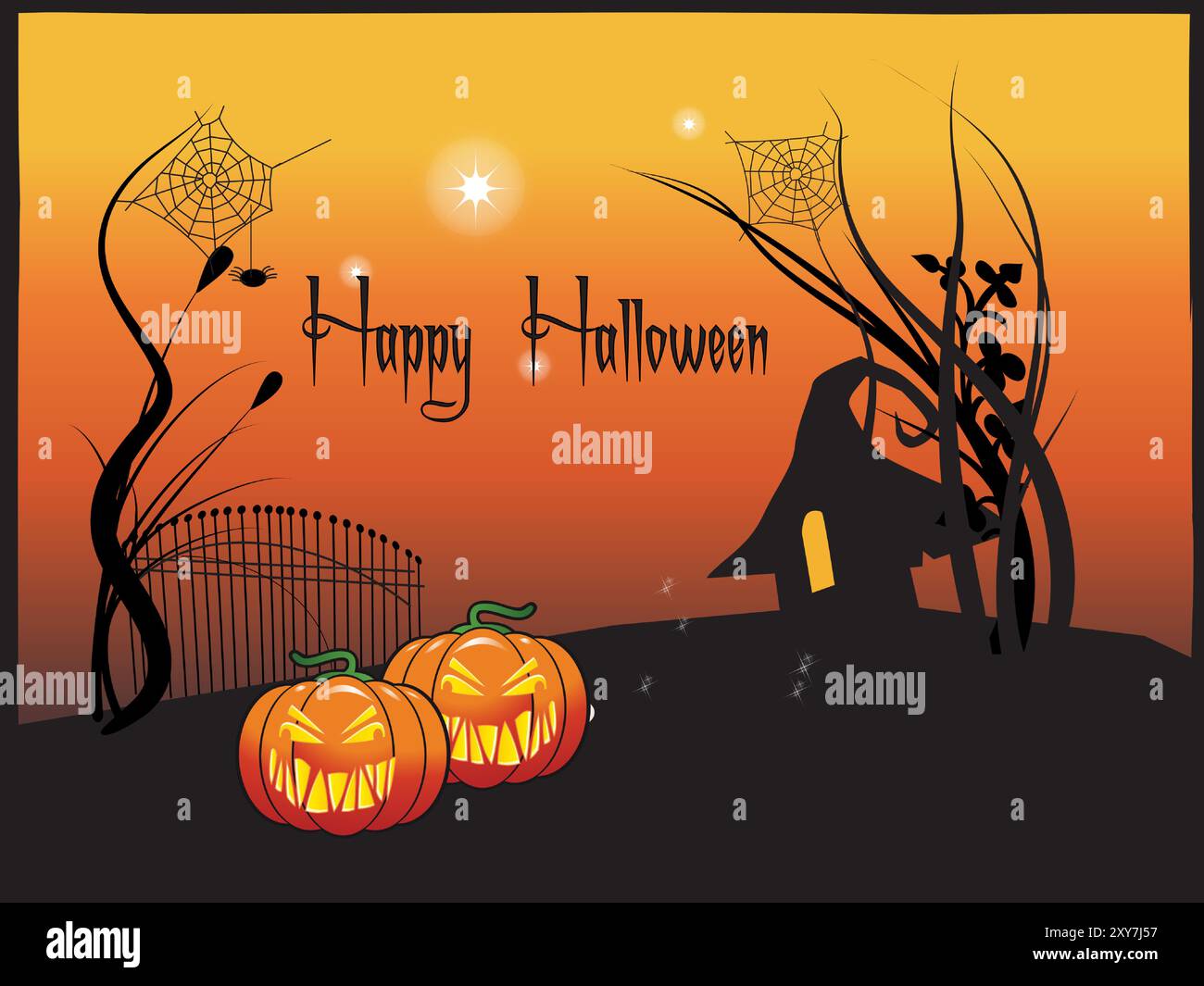 A Halloween sign with two pumpkins and a house. Scene is spooky and ...