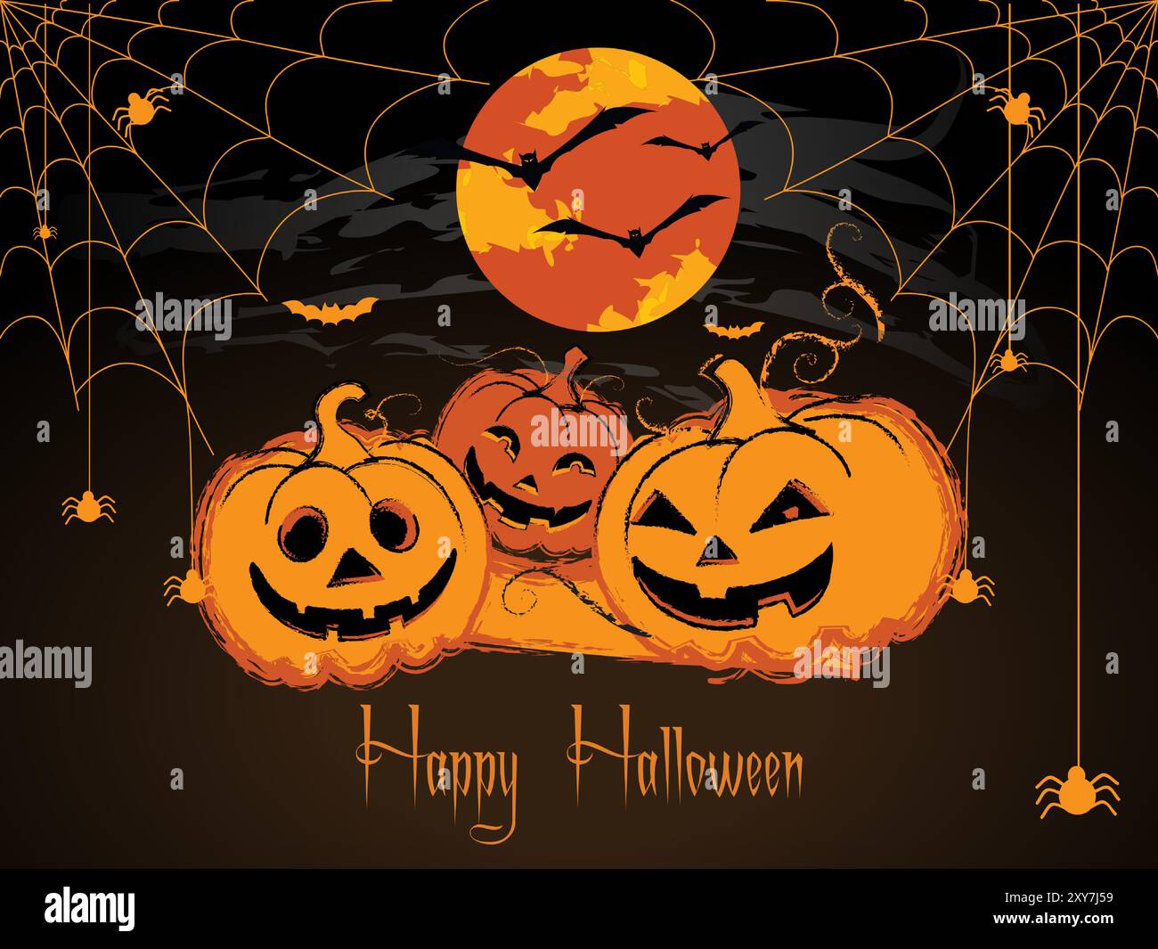 A Halloween themed poster with three pumpkins and a spider web. The ...