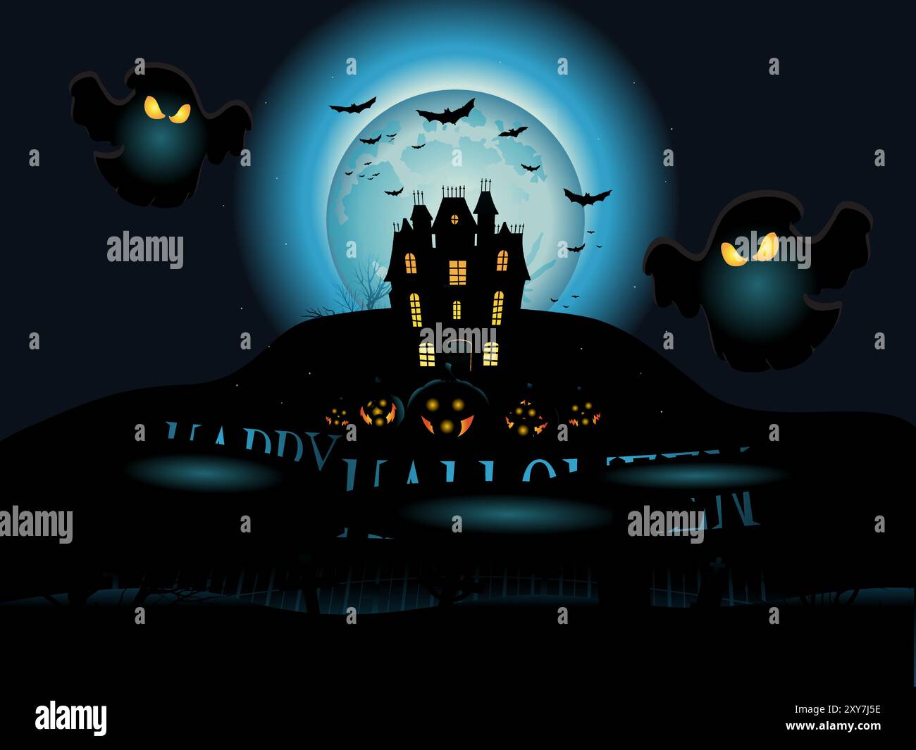 A Halloween themed poster with a house, ghosts, bats, and pumpkins. The ...