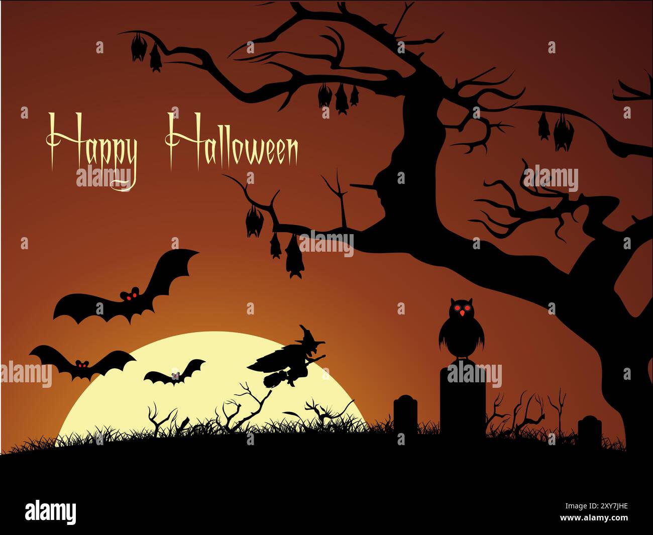 A Halloween themed poster with bats flying around a tree and an owl ...