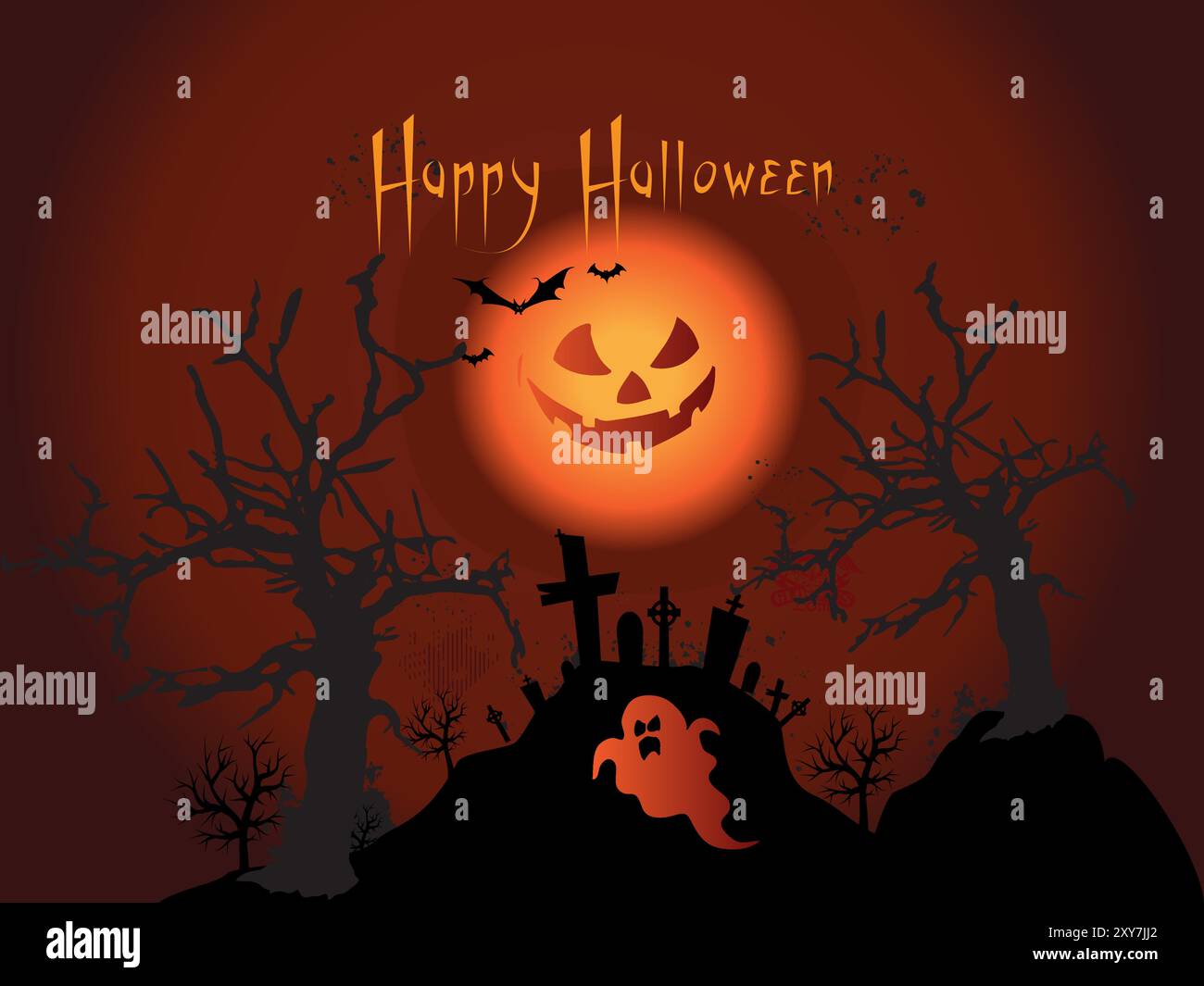A Halloween themed poster with a moon, bats, and a skeleton. The poster ...