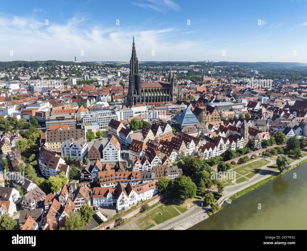 Aerial view of Ulm's historic city centre with the Danube and the ...