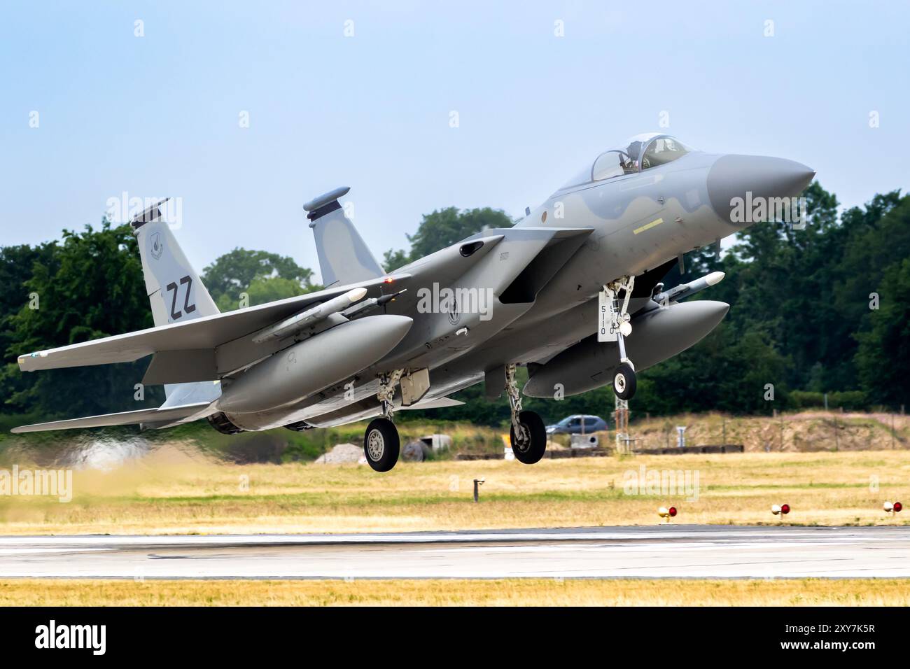 US Air Force F-15C Eagle fighter jet from Massachusetts Air National Guard taking off from ...