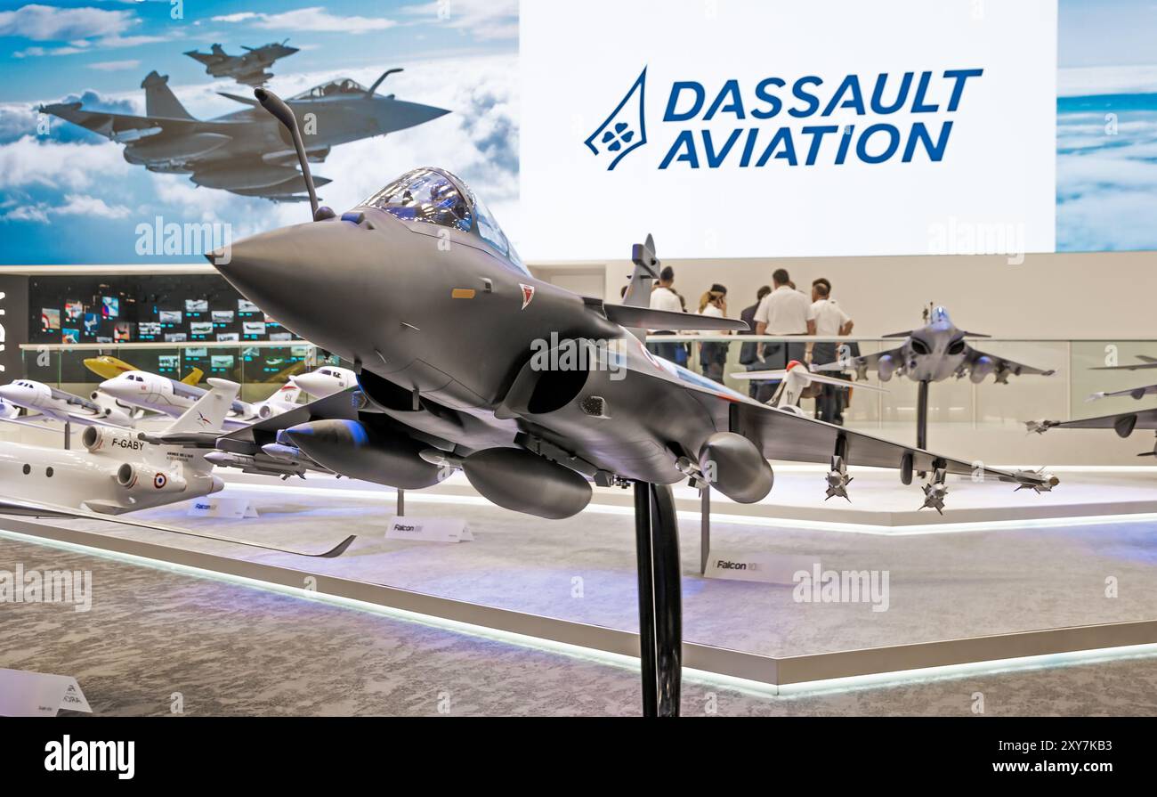 Mock-up planes at a stand of the French aircraft manufacturer Dassault ...