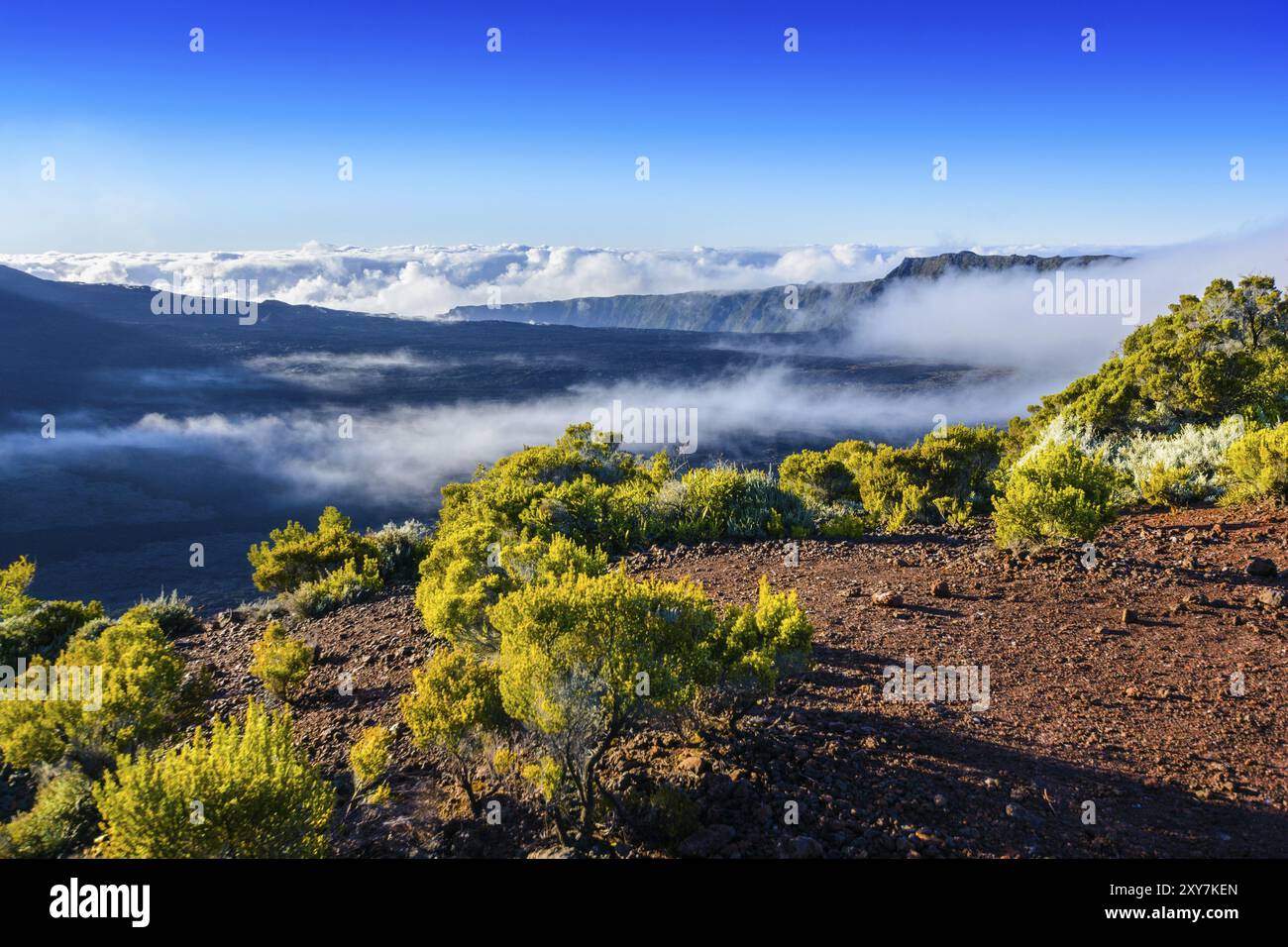 Landscape with cliffs of the volcanic area at Reunion Island with a ...