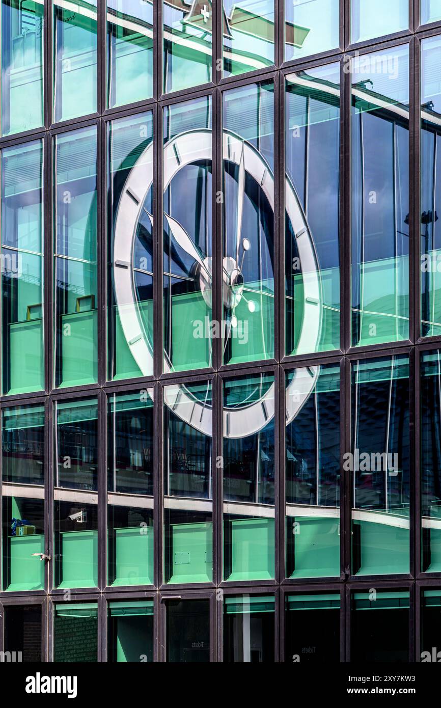 Entrance to building 2 of Messeplatz Basel showing the gigantic clock ...