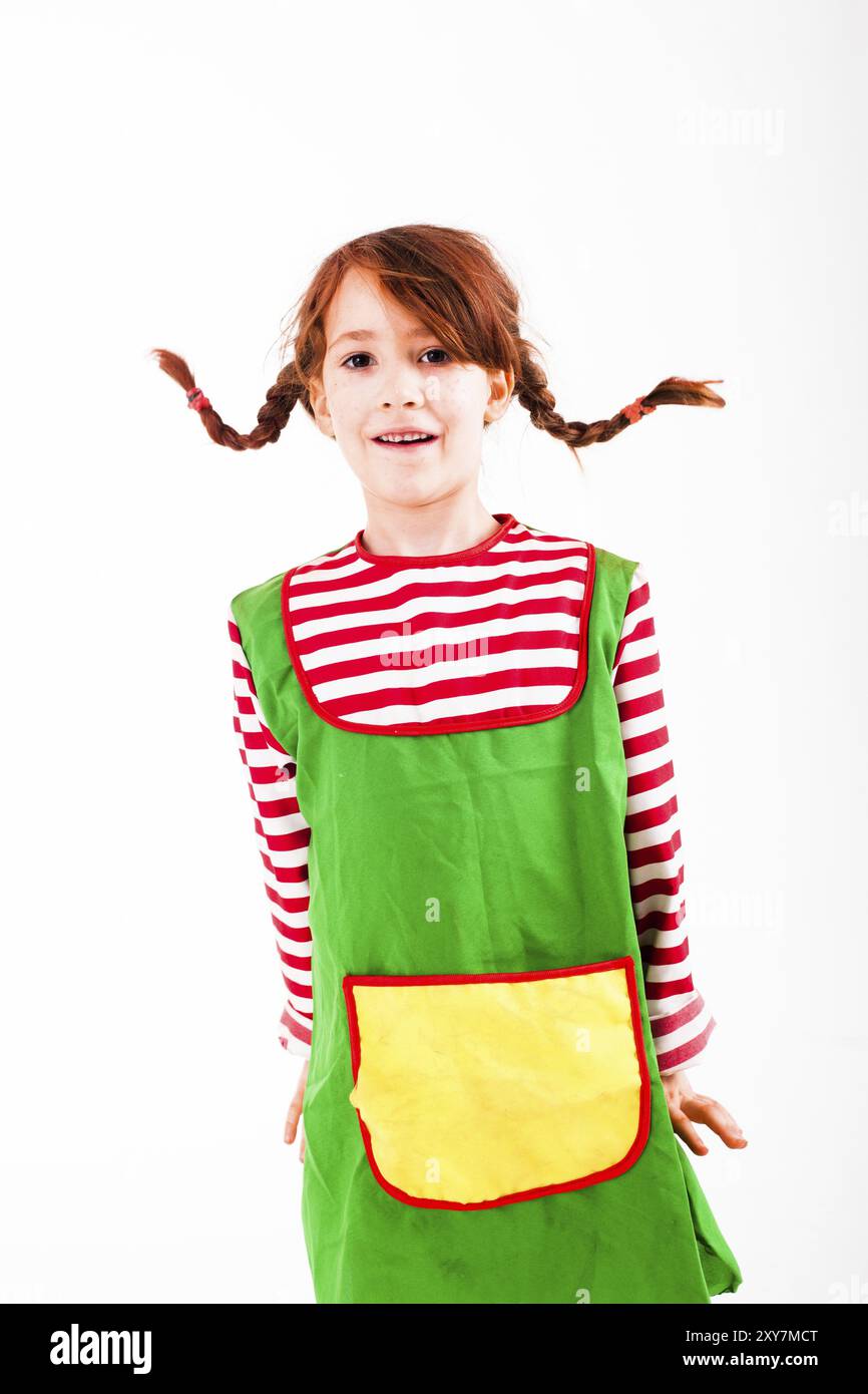 Little girl dressed as Pippi Longstocking with white background Stock ...