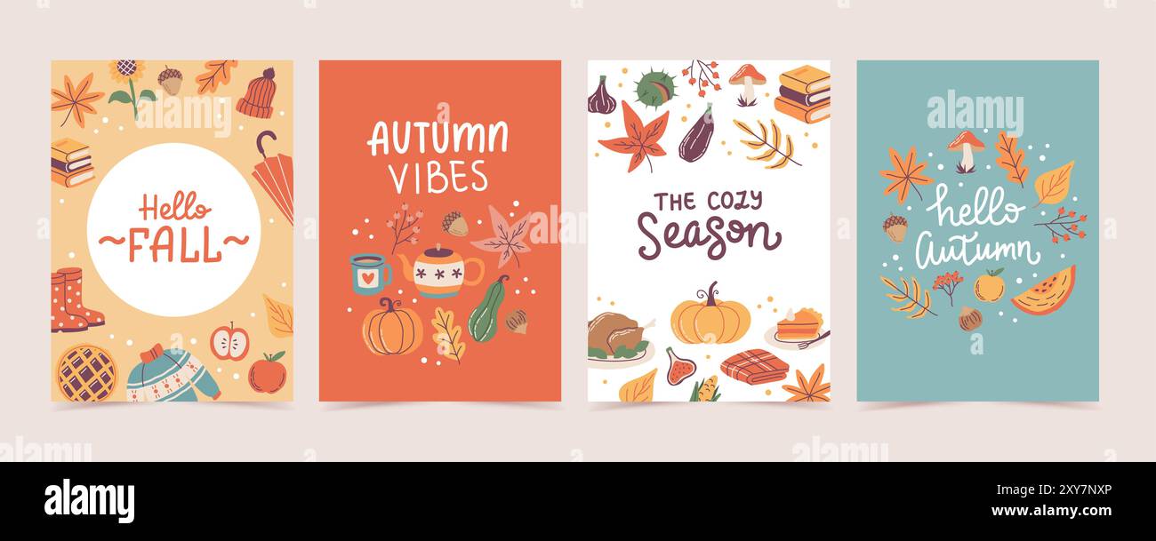 Autumn covers or cards set. Hand drawn calligraphy and cute seasonal ...