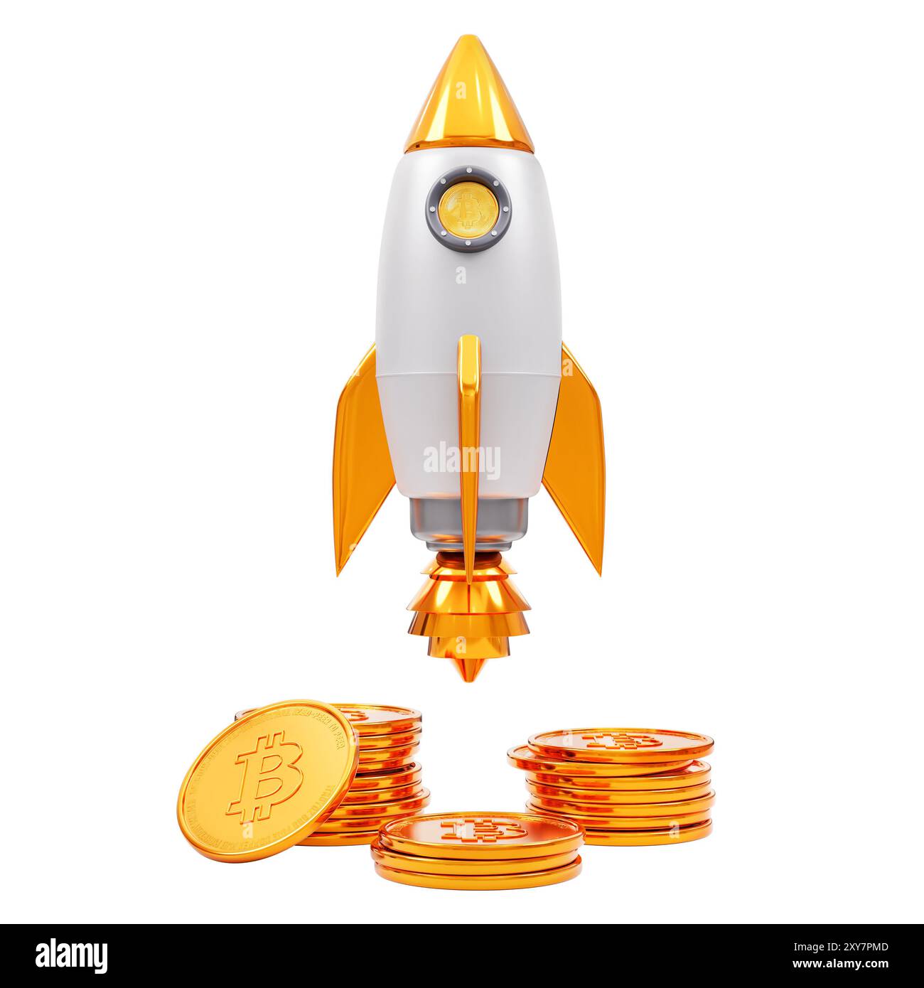3D realistic Space rocket launch with Golden dollar, coins stack, cut ...