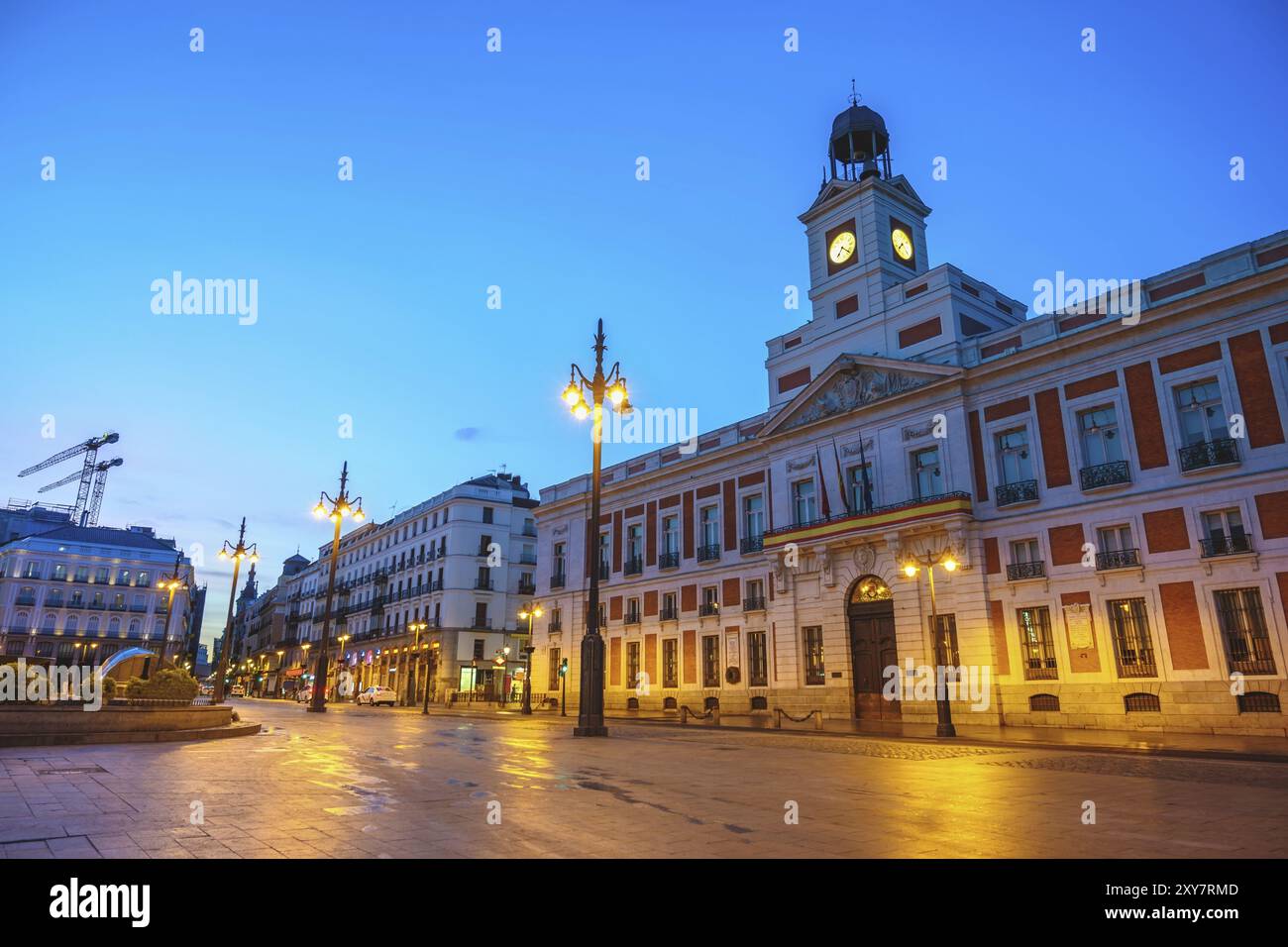 Madrid Spain, night city skyline at Puerta del Sol and Clock Tower of ...
