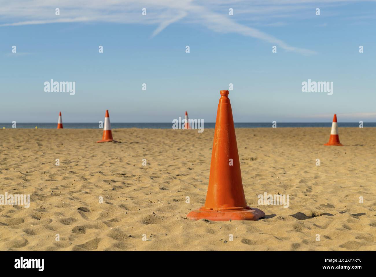 Pylons on the beach, seen in Aberporth Bay, Ceredigion, Dyfed, Wales ...