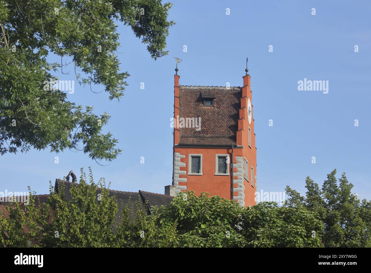 Historic upper gate tower, upper tower, gate tower, red town tower with ...